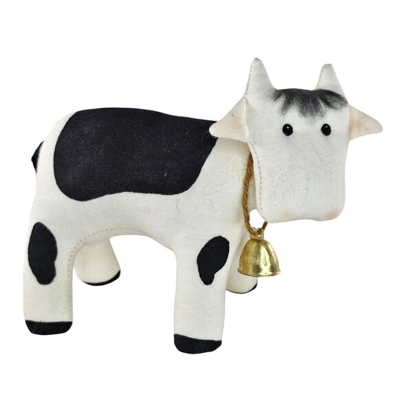 Toys | Vintage Black White Cow Stuffed Toy With Gold Bell Handmade ...